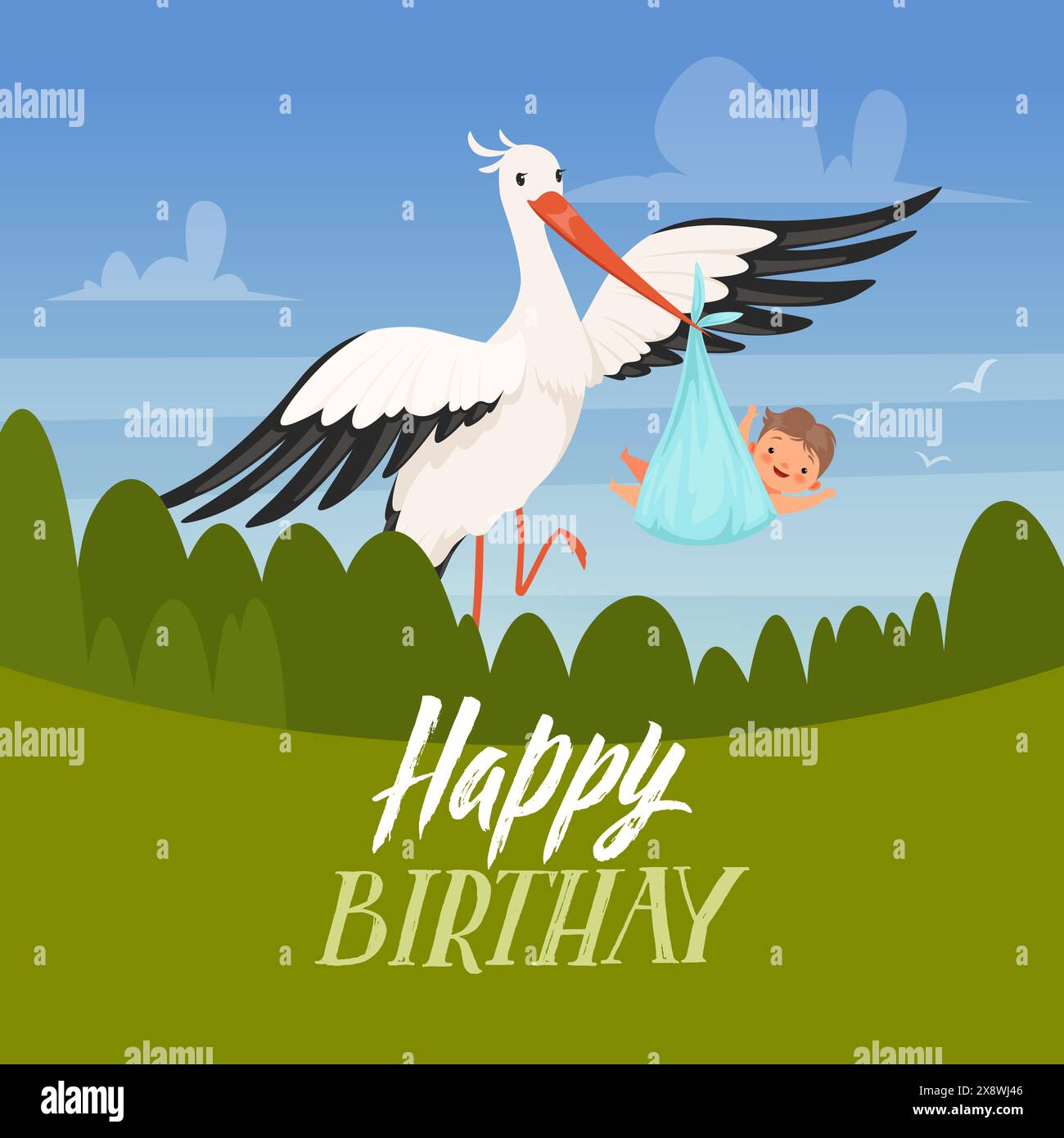 Birthday poster stork with new baby born vector cartoon background ...