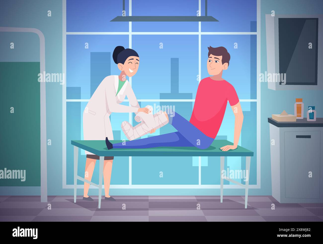 Medical cabinet. Injury man with bandaged body doctor consulting exact ...