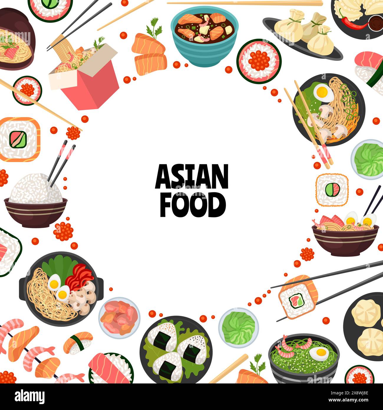 Asian food sushi rolls noodles fish and sauce background in circle form ...