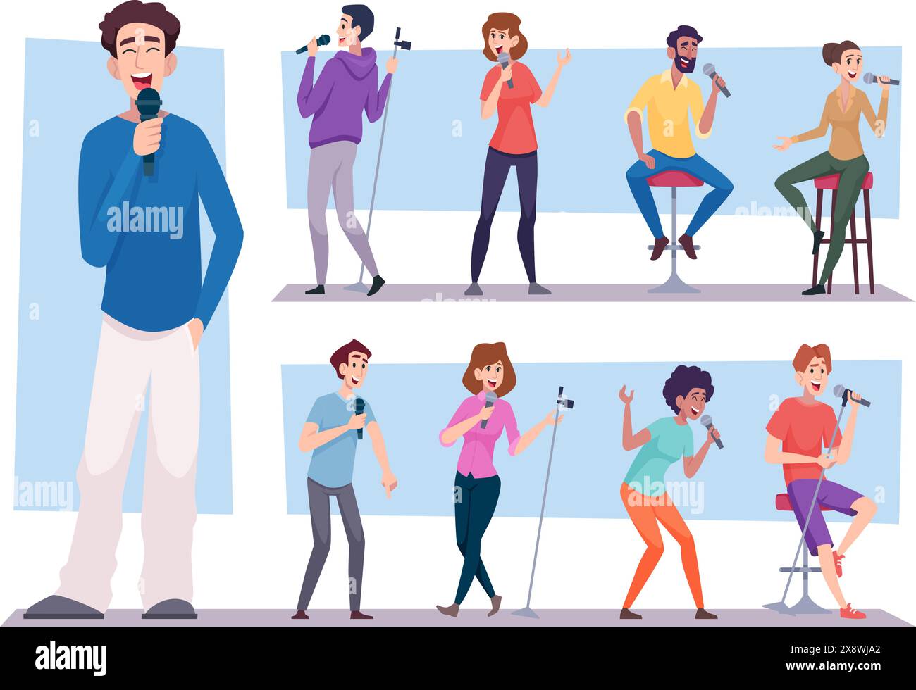 Standup comedy. Open mic joking show comedian characters in club stage ...