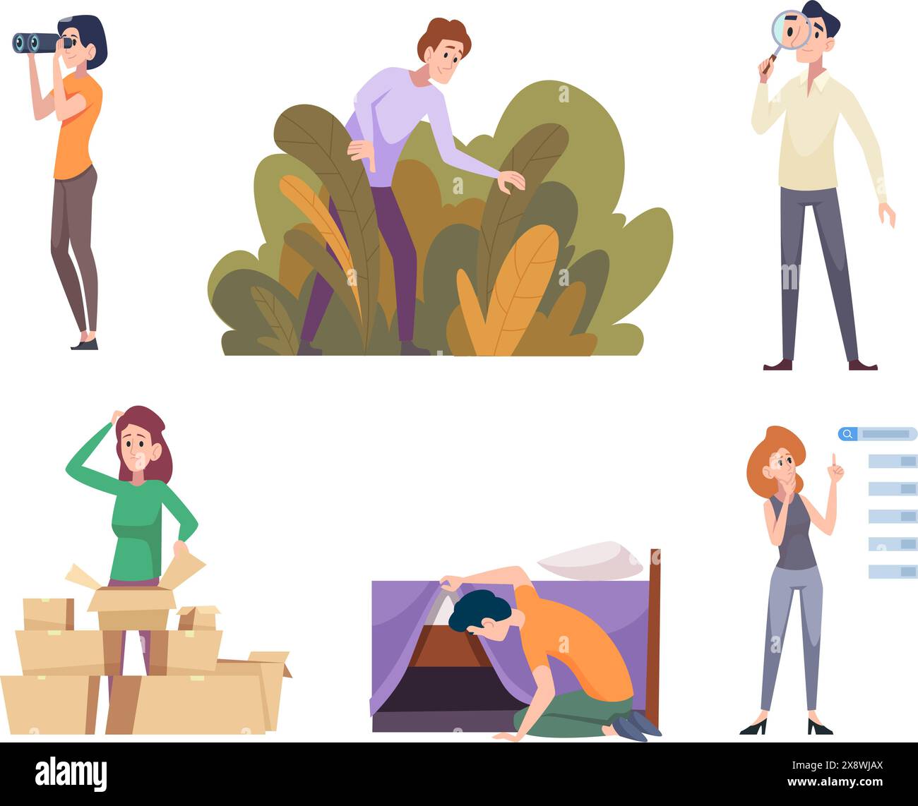 People searching. Persons male and female seeking or finding in action ...