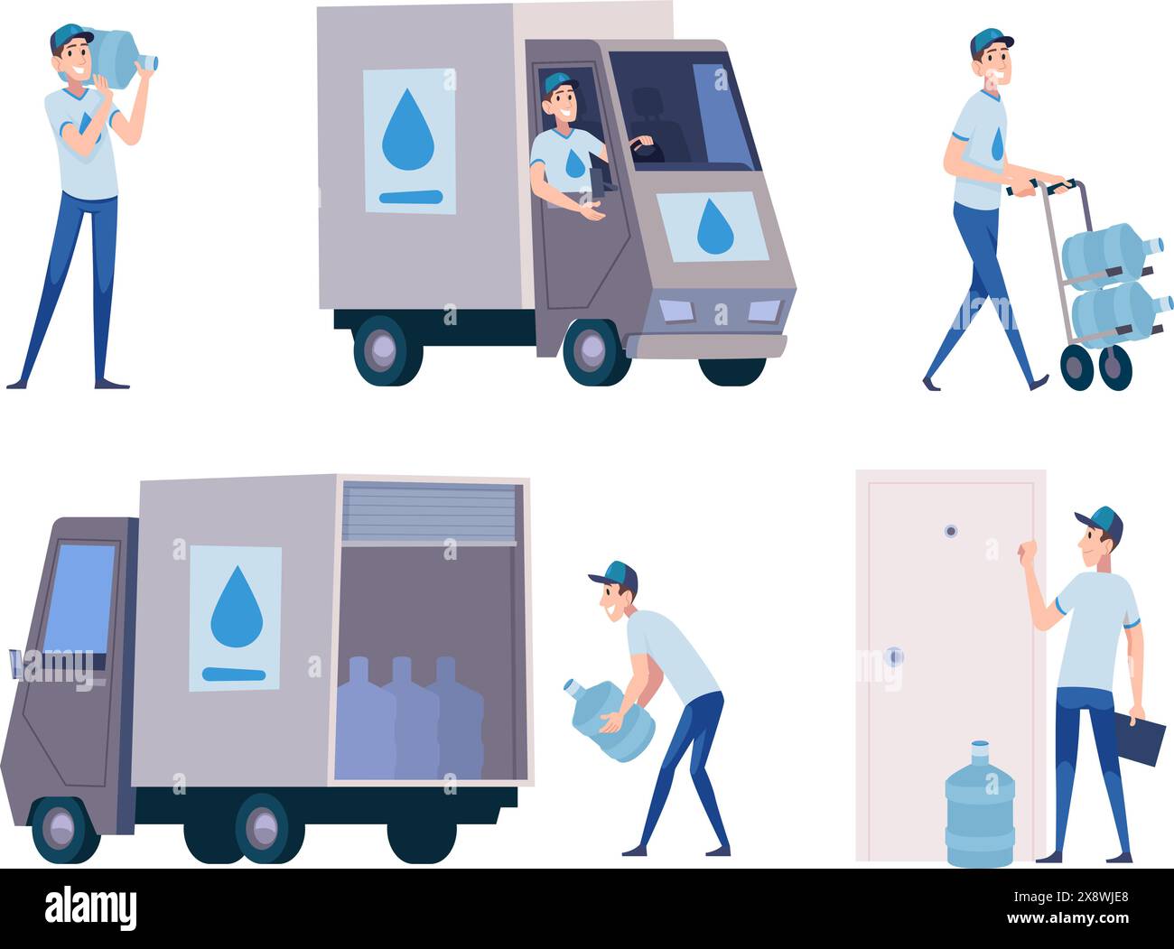 Water delivery. People deliver with aqua plastic big bottles holdings ...