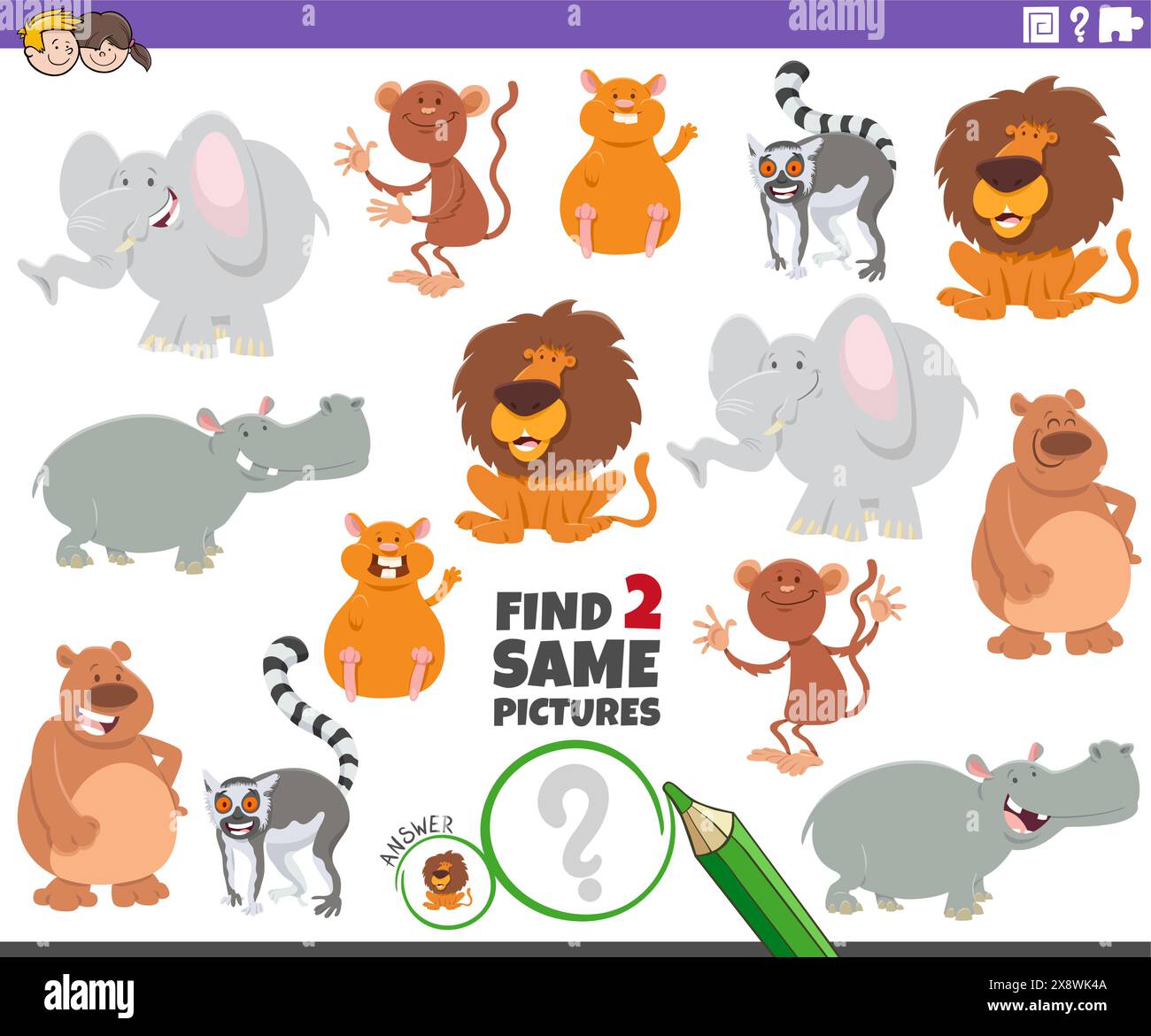 Cartoon illustration of finding two same pictures educational activity ...