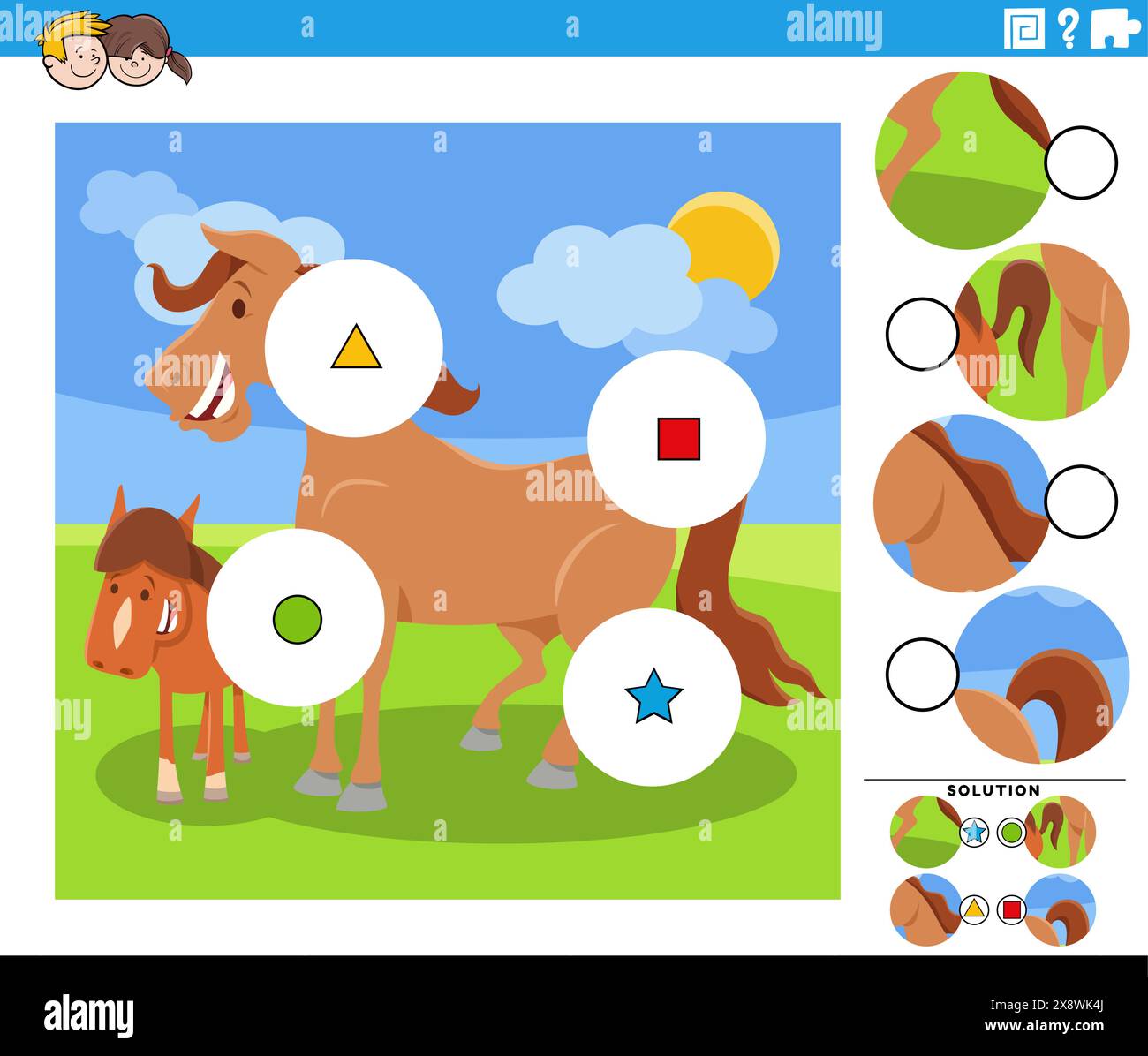 Cartoon illustration of educational match the pieces jigsaw puzzle ...