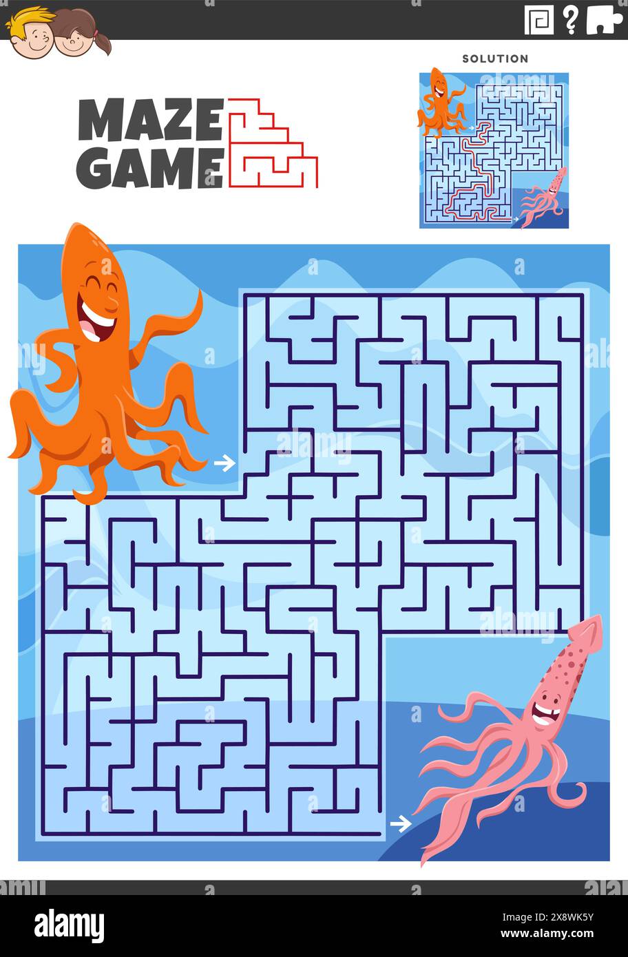 Cartoon illustration of educational maze puzzle game with octopus and ...