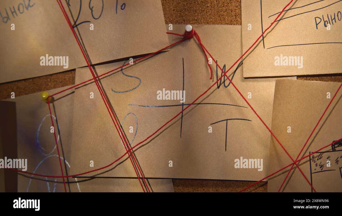 Notes with red thread. Stock footage. Close-up of mysterious notes ...