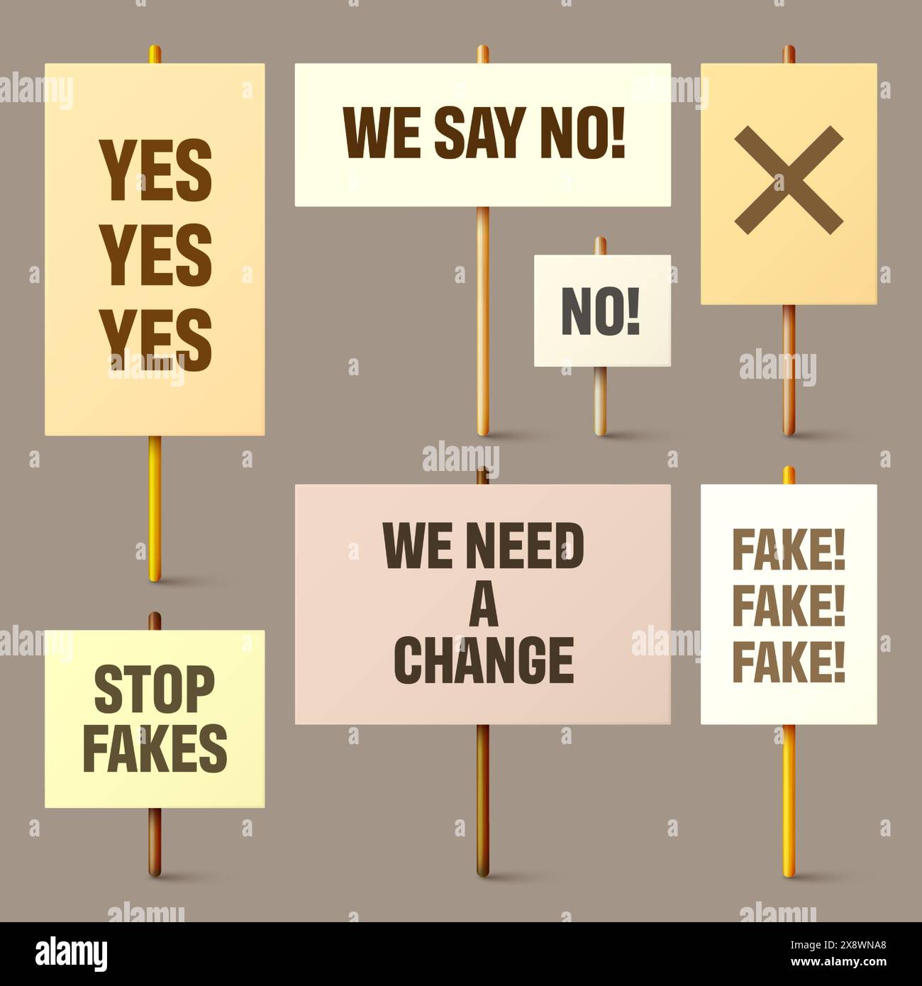 Colorful protest signs with slogan on wooden holder. Realistic vector ...
