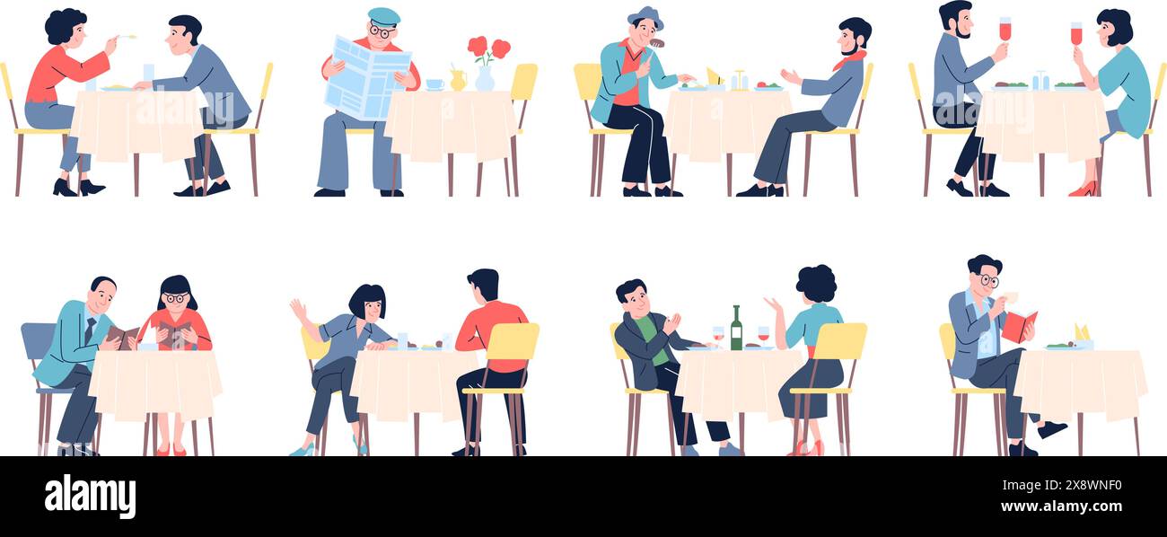 People in restaurant. Man woman drinking and eating, together and alone ...