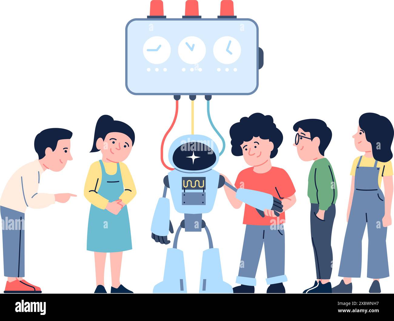 Kids and robot. Little children create and program cyborg. Android ...