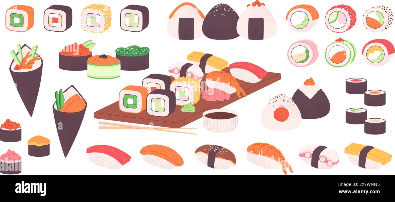 Sushi rolls set. Tasty asian style food, onigiri and roll with rice ...