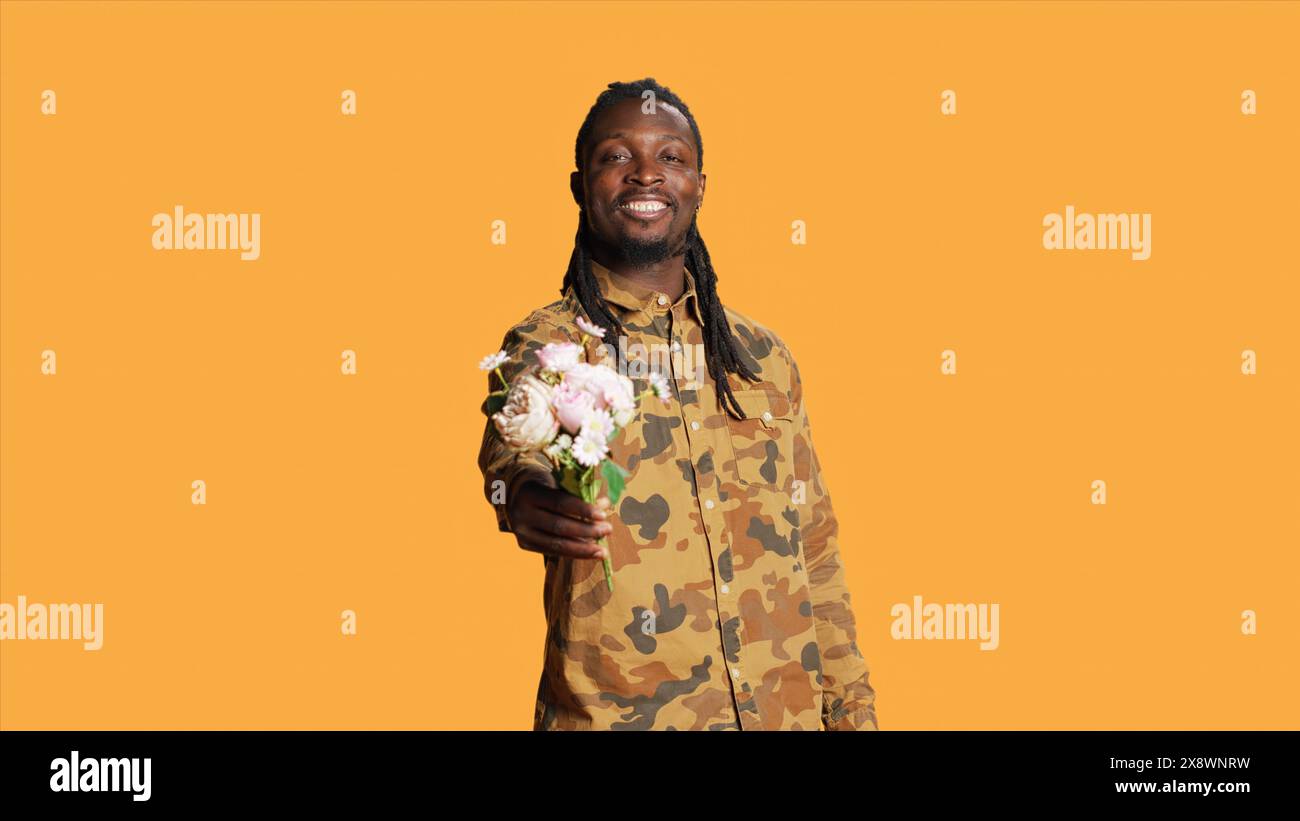 Romantic person offering flowers bouquet to someone, going on a date ...