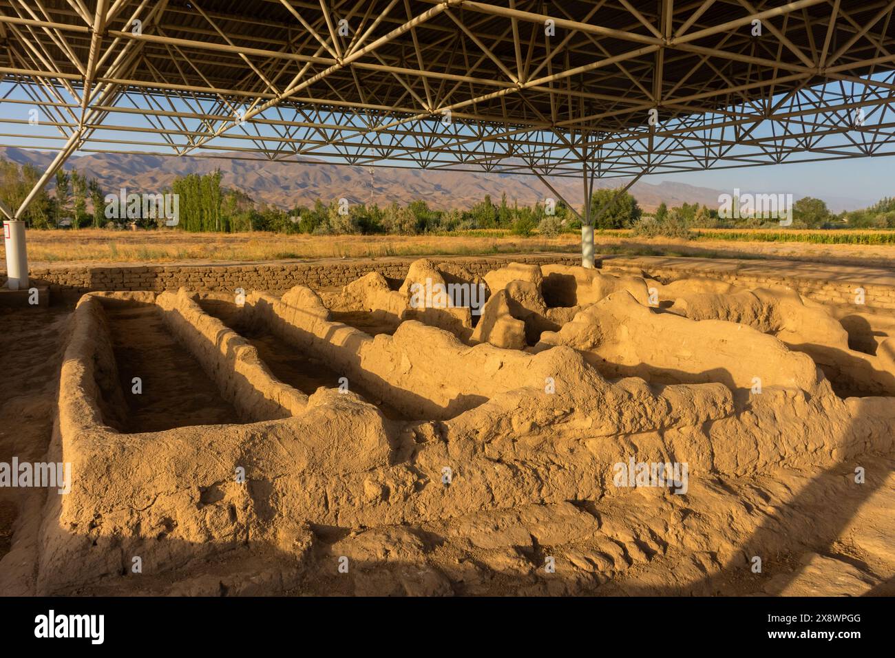 Archeological UNESCO site of Ancient Sarazm at sunset, 4th millennium ...