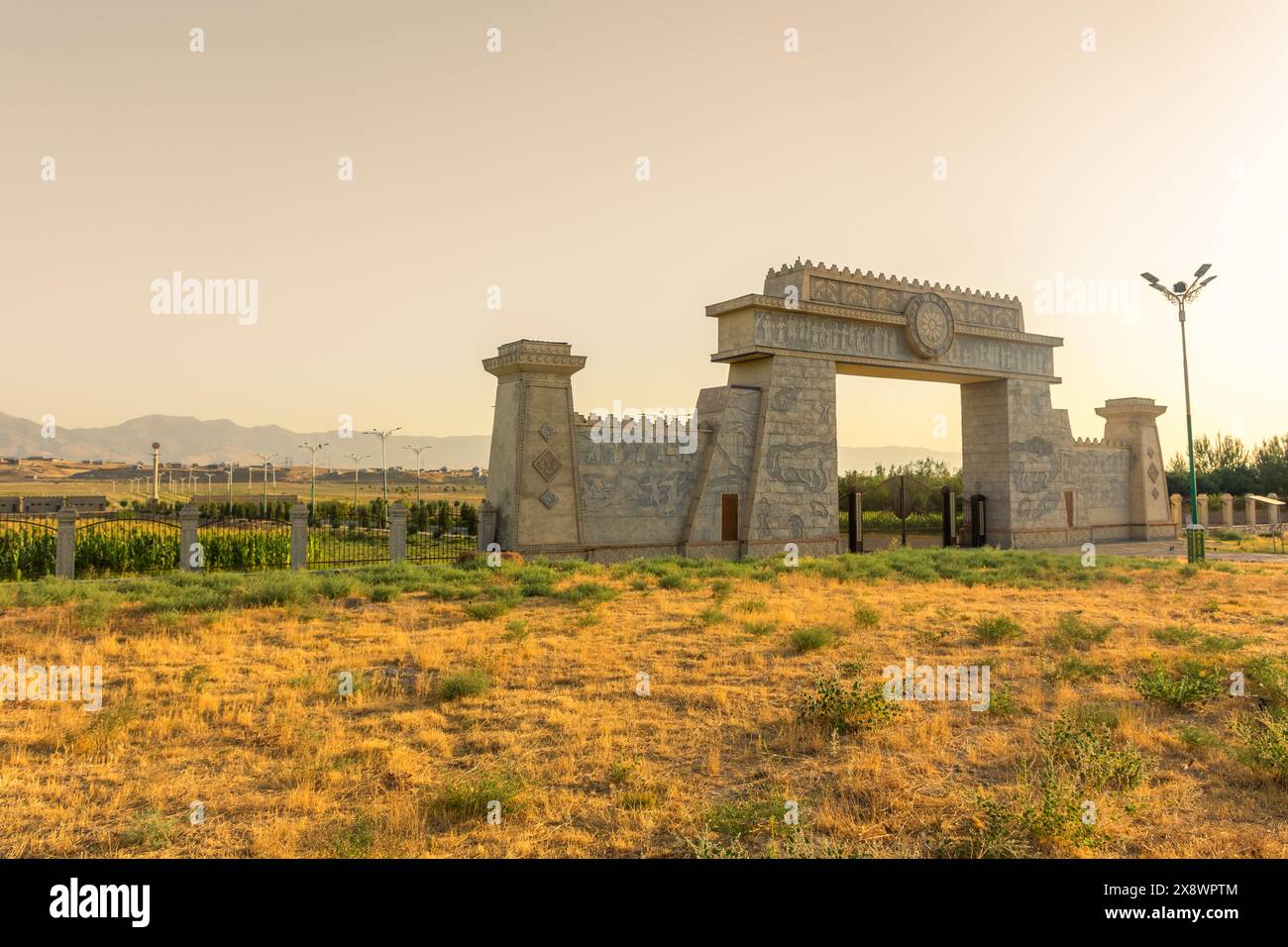 Gate of Sarazm at sunset, archeological UNESCO site in Tajikistan Stock ...