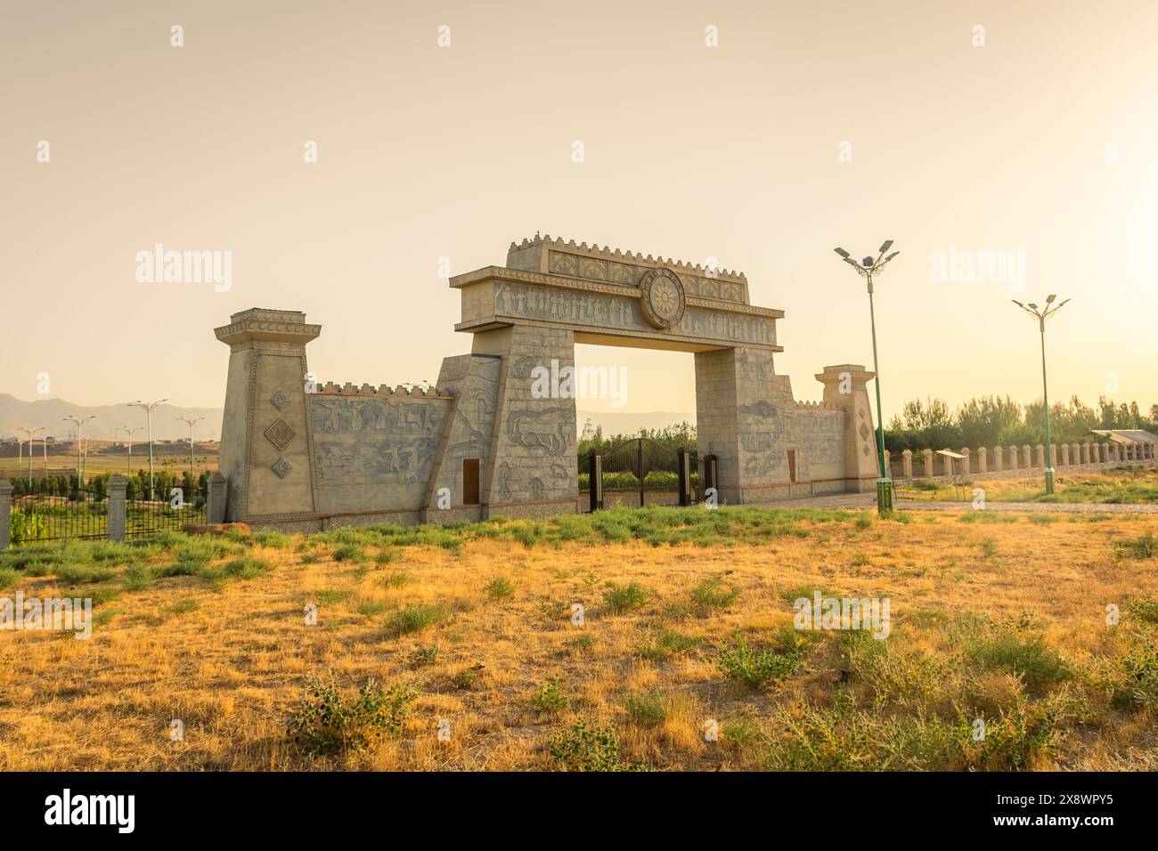 Gate of Sarazm at sunset, archeological UNESCO site in Tajikistan Stock ...