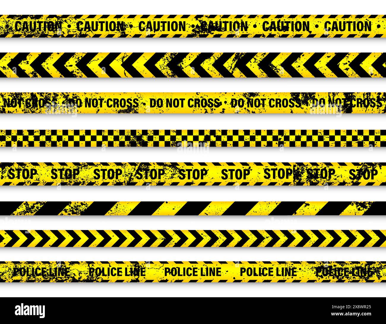 Old grunge barricade construction tape. Yellow police warning line ...