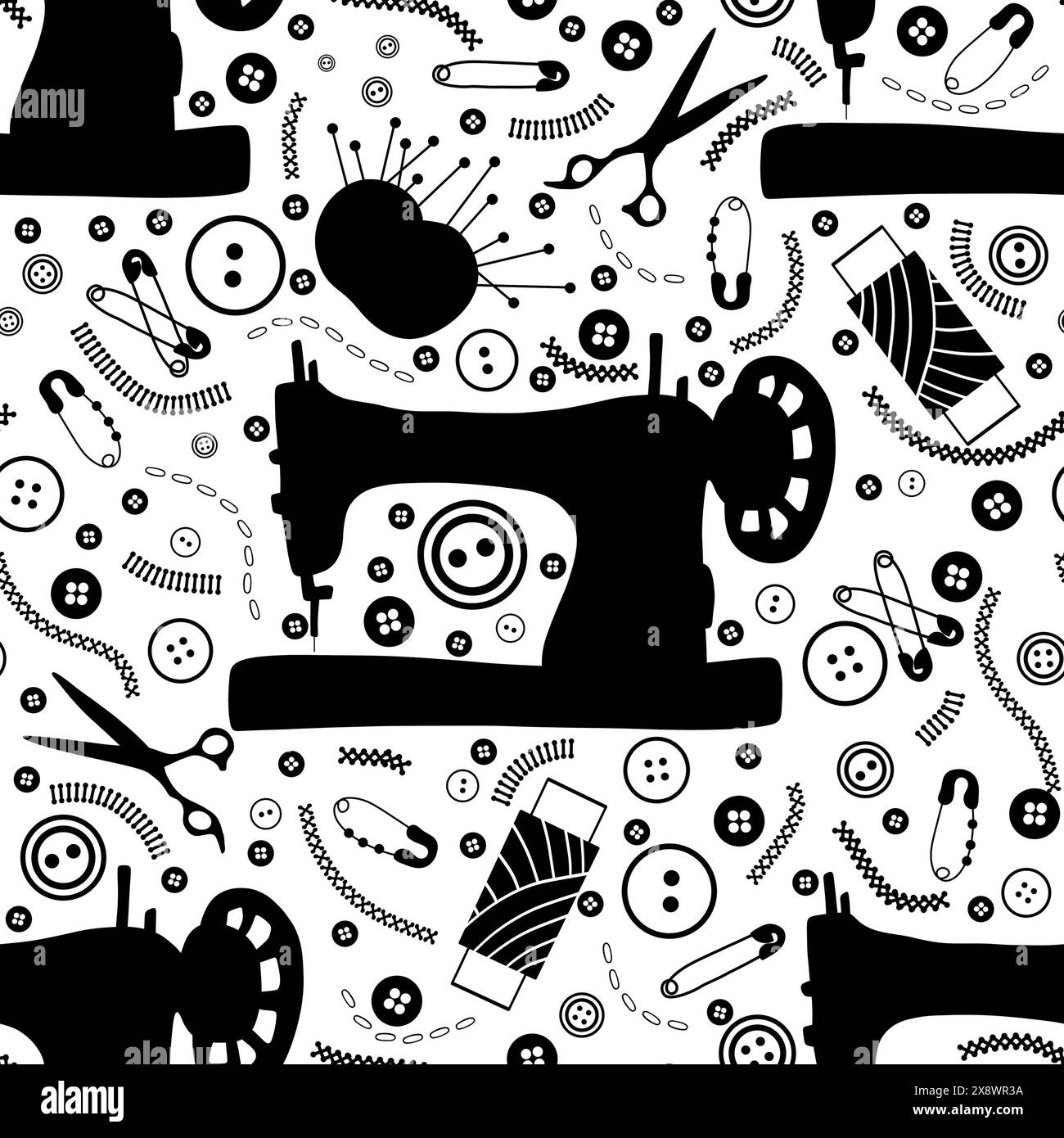 Cartoon silhouette hobbies seamless sewing machine pattern for wrapping ...