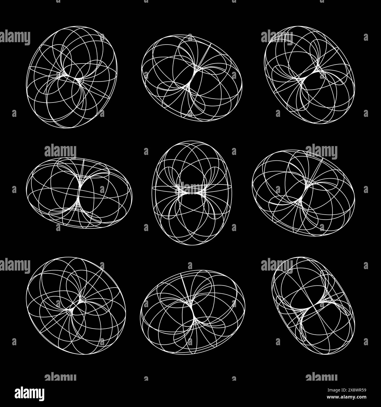 Wireframe shapes, lined torus. Perspective mesh, 3d grid. Low poly geometric elements. Retro ...