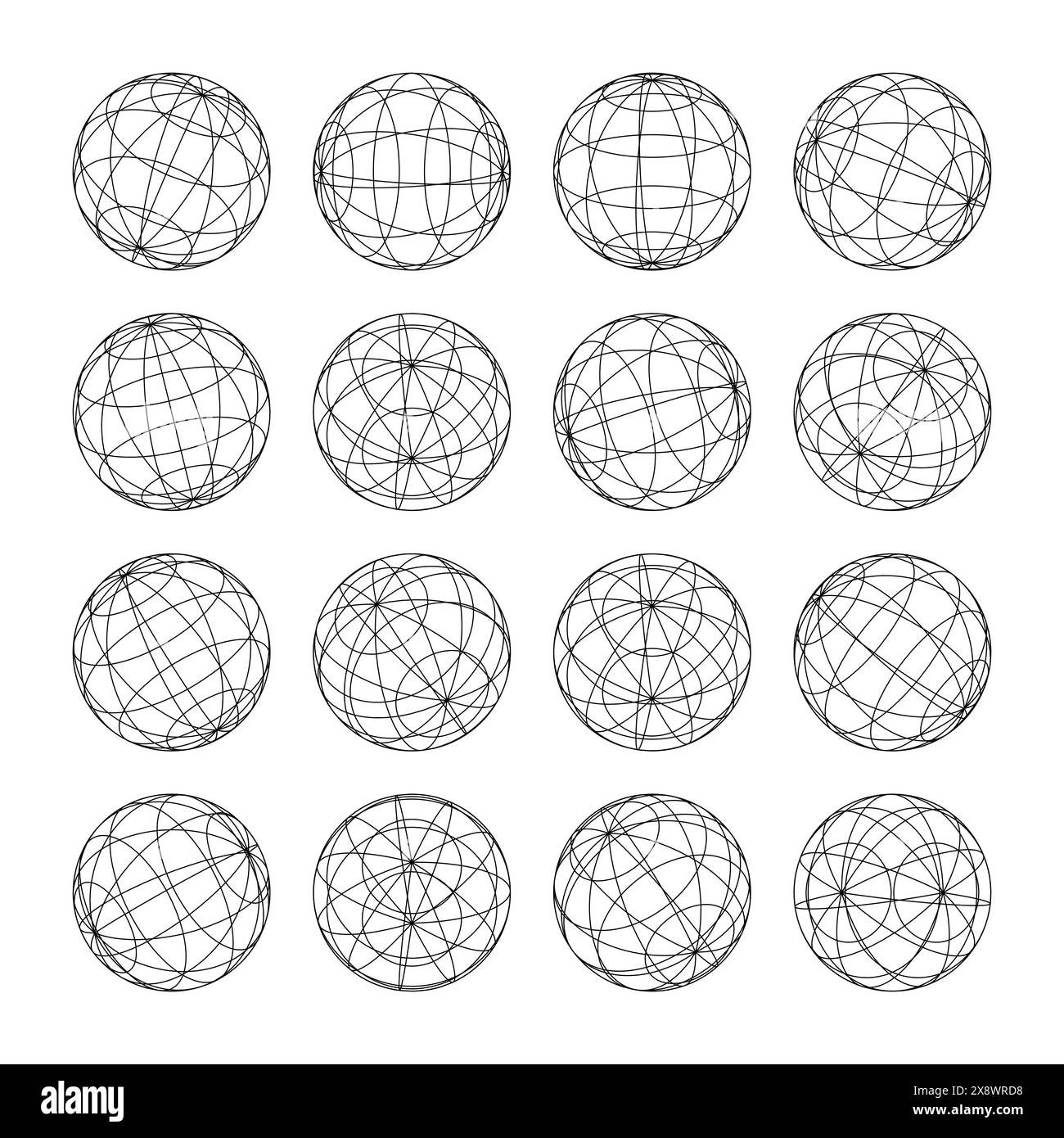 Wireframe shapes, lined sphere. Perspective mesh, 3d grid. Low poly ...
