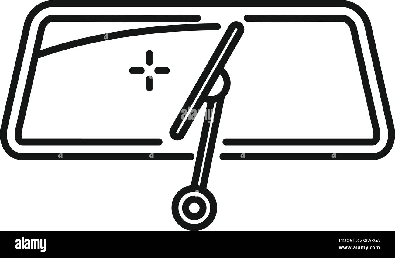 Simplified black outline icon of a windshield wiper on a car's windshield, isolated on white ...