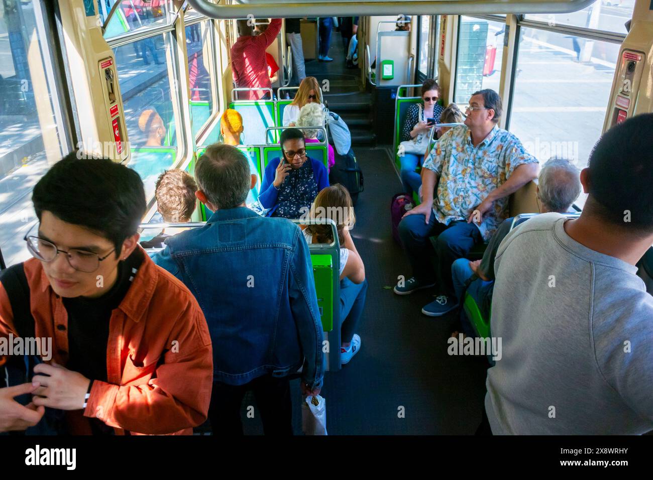 Nantes, France, Small Crowd People, Riding on City Tramway, Tram Train ...