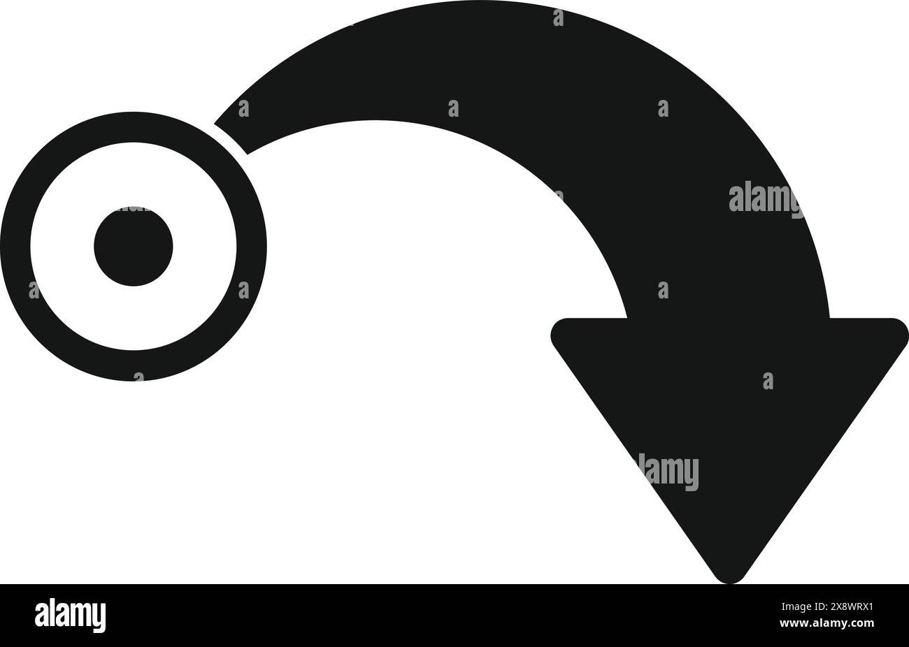 Minimalistic black icon of a curved arrow pointing down with a circle ...