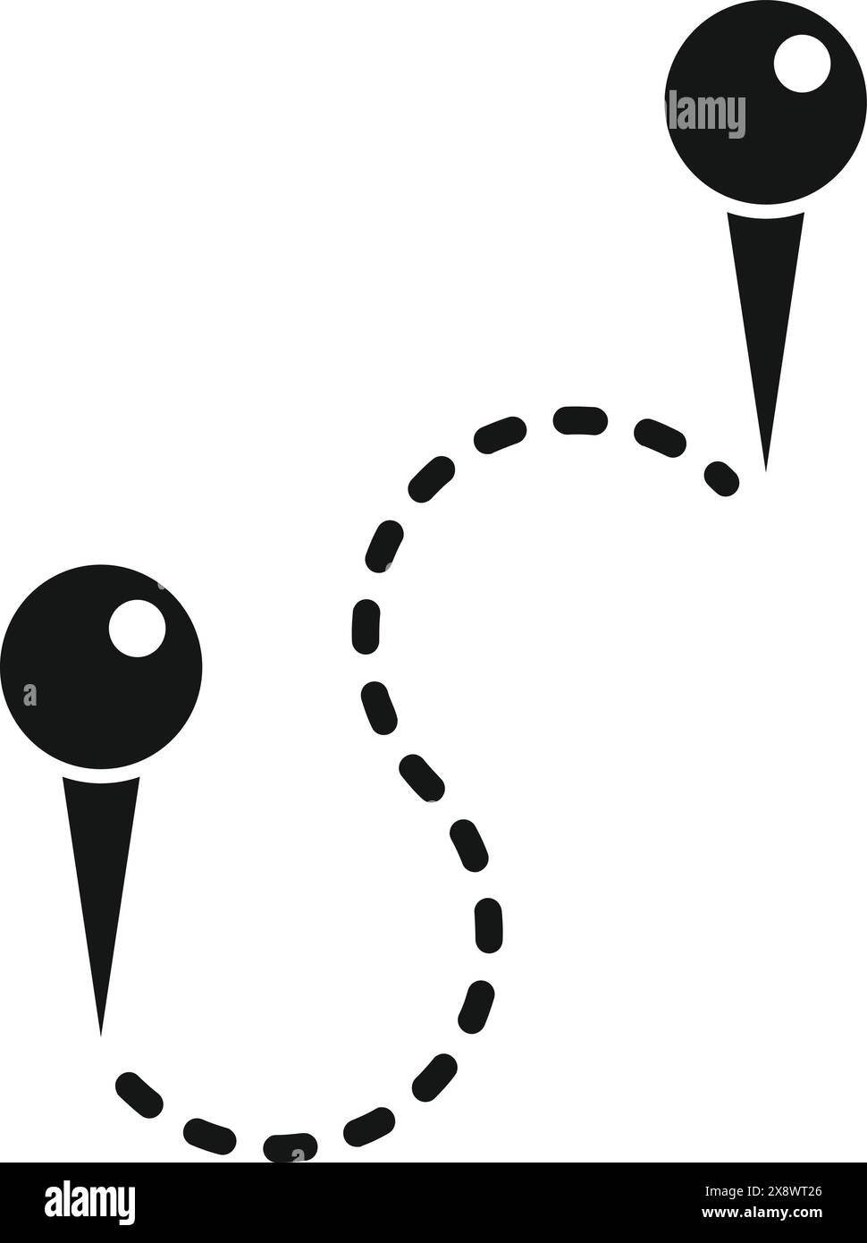Black and white graphic of two pin markers connected by a dashed line ...