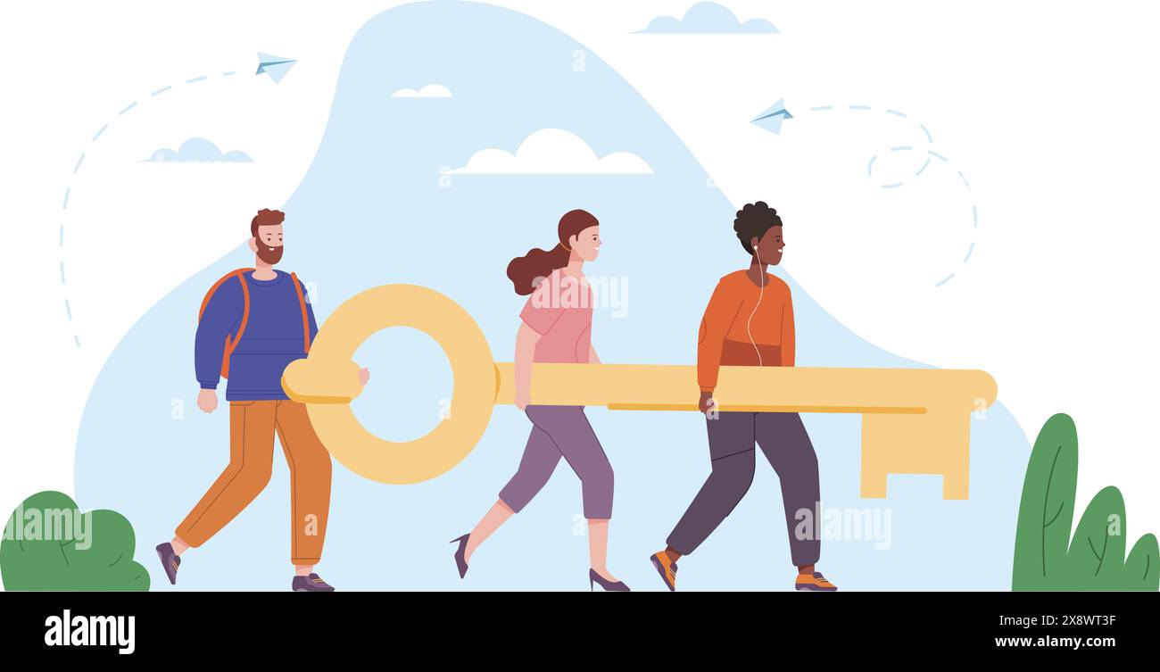 Teamwork holding key. People work team carry keys to success, employees ...