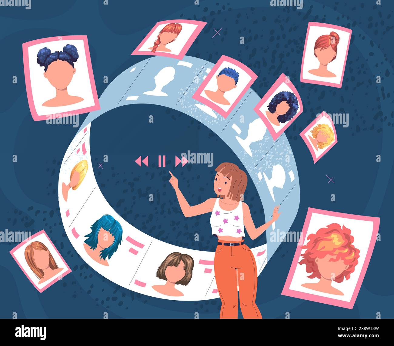 Woman choose hairstyle. Girl change hairstyles appearance look cyber ...