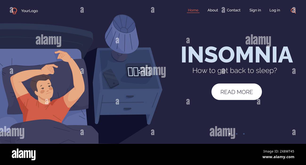 Insomnia landing page. Awake man sleepless night on bed in dark bedroom ...
