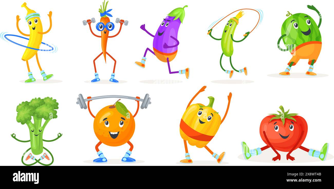 Vegetables fruits sport characters. Cartoon fruit yoga pose and ...