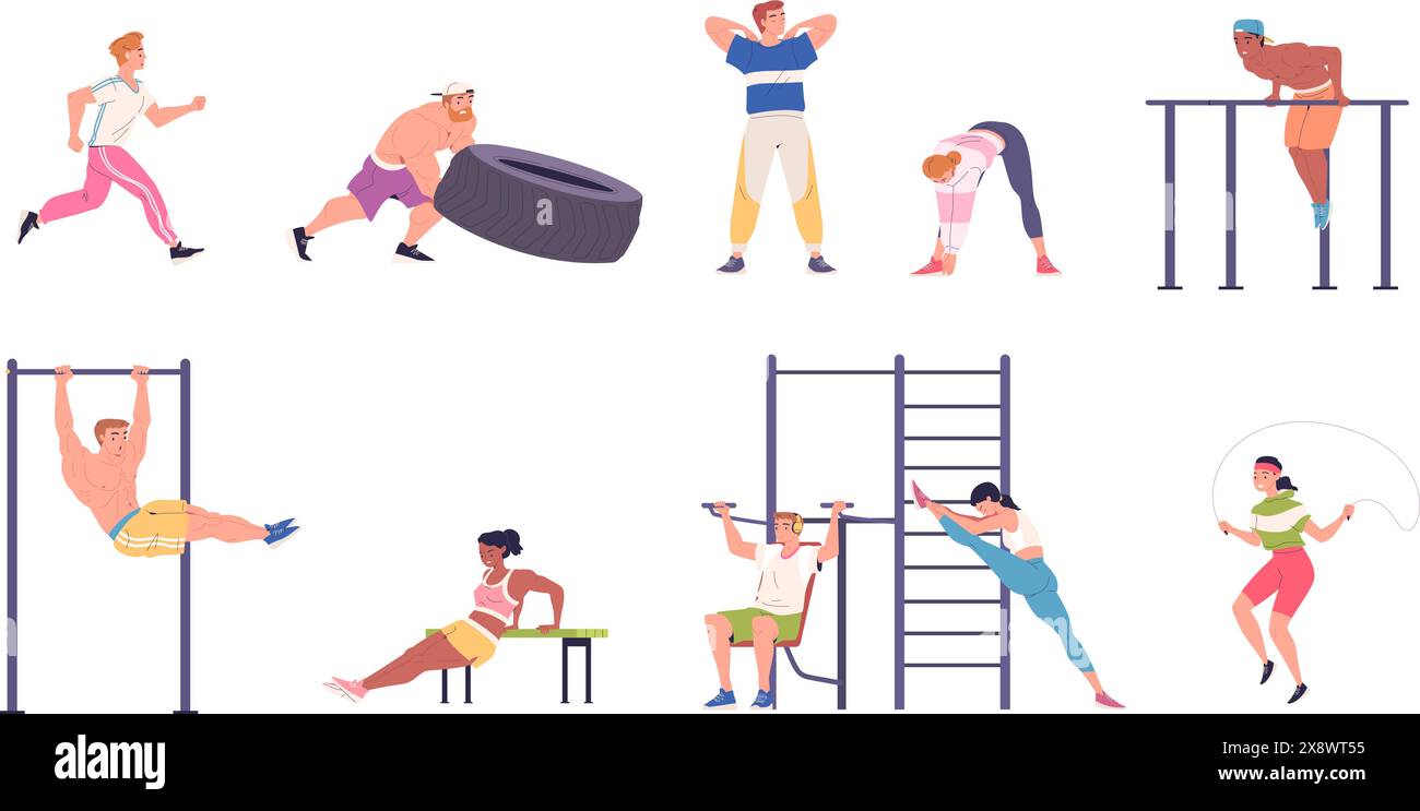 People street workout. Athletes exercise outdoor gym nature park, man ...