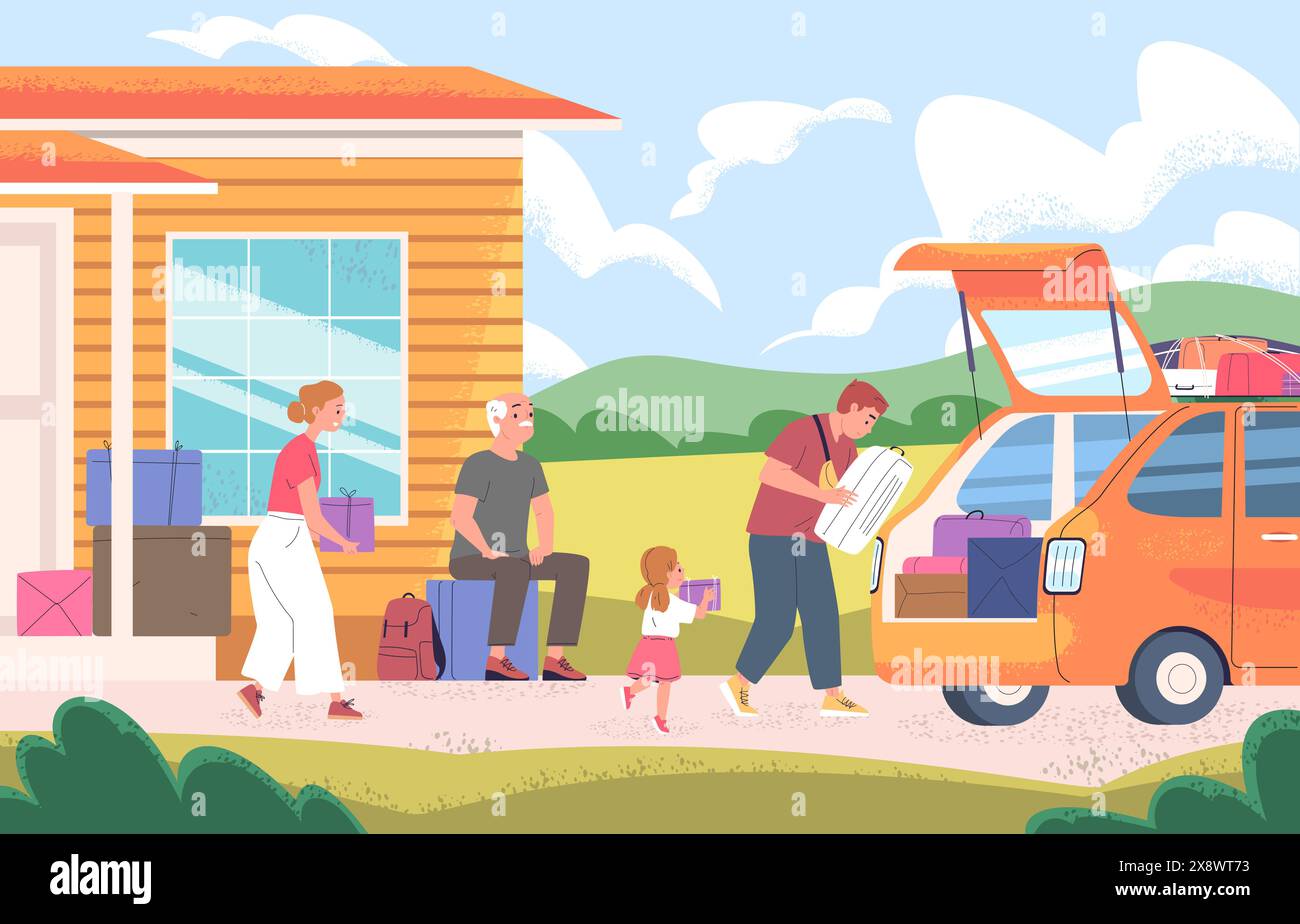 Family loading car for moving. Relocation new house concept, people ...