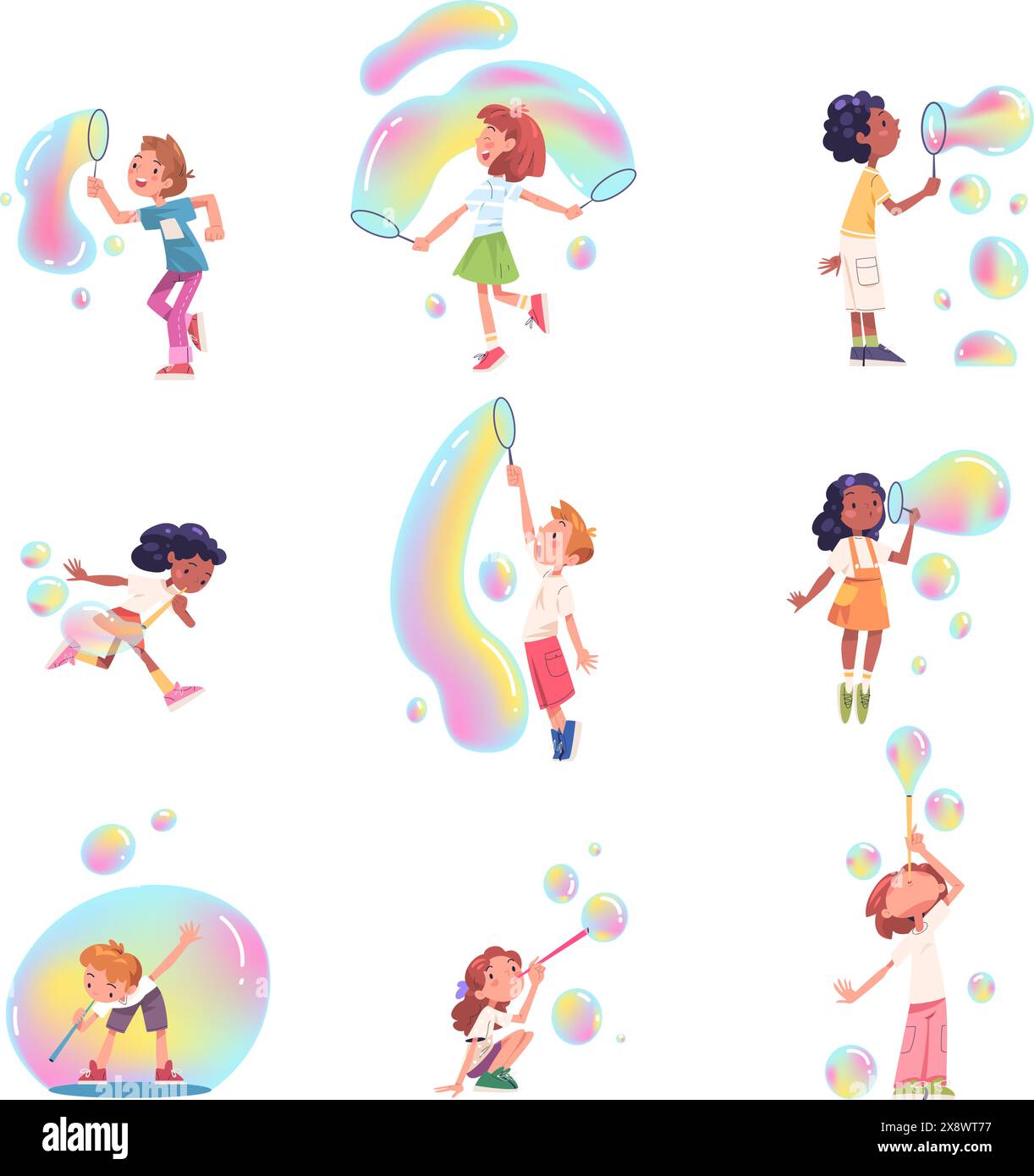 Kids play soap bubble. Child make blowing bubbles imitate balloon ...