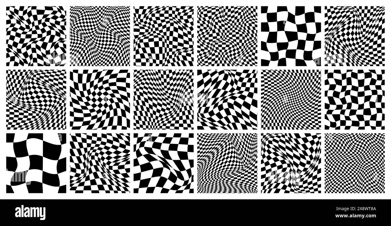 Trendy checkered pattern, black and white distorted tiled grid. Wavy ...