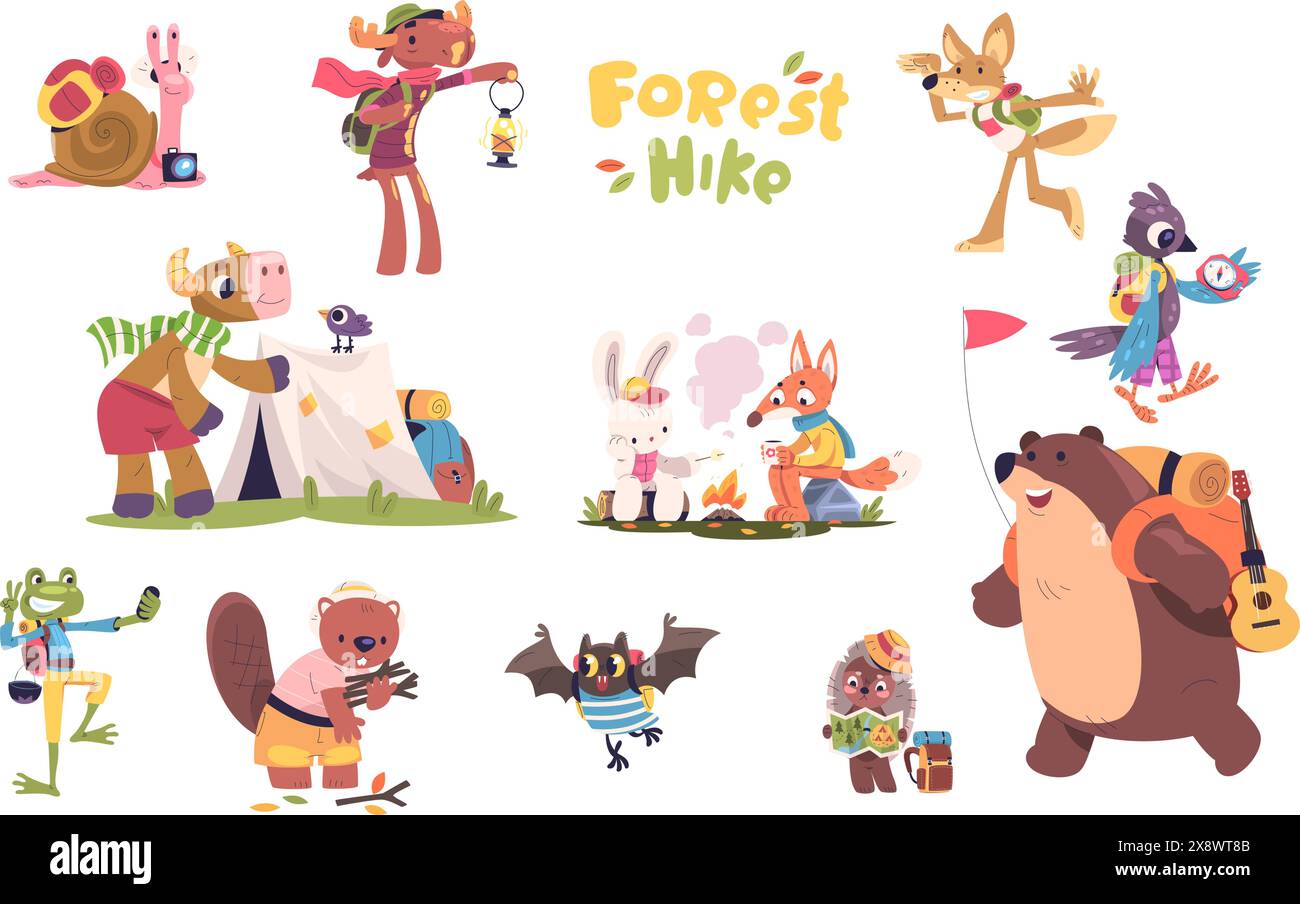 Cartoon animals hiking. Cute forest animal hike, summer camping books ...