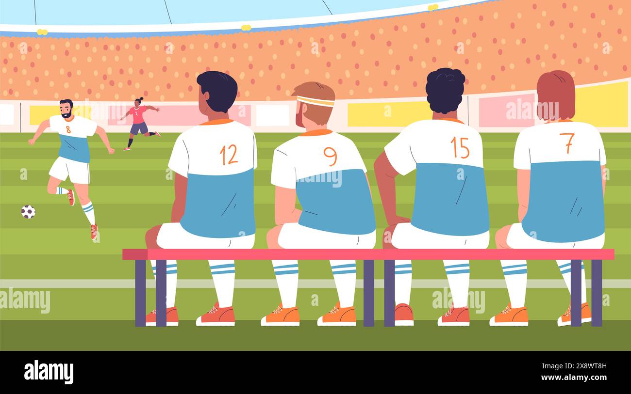 Soccer reserve team. Substitute football team players sit on bench of ...