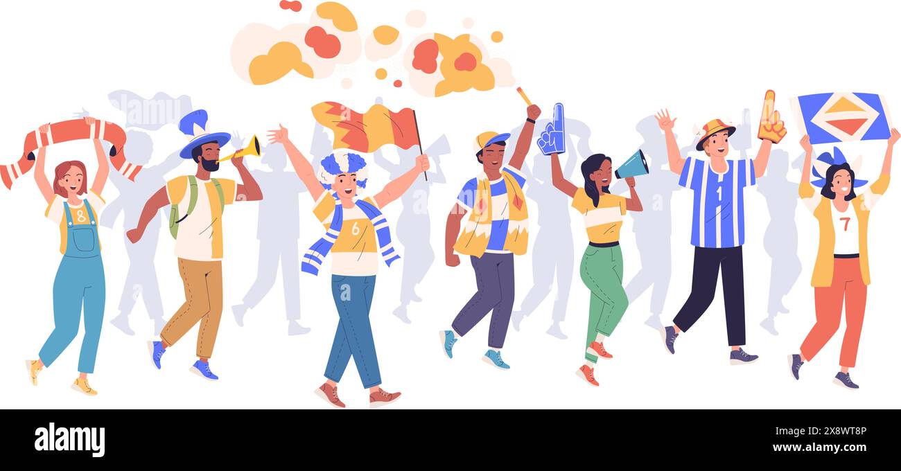 Soccer fans characters. Sport fan team football supporters cheering ...