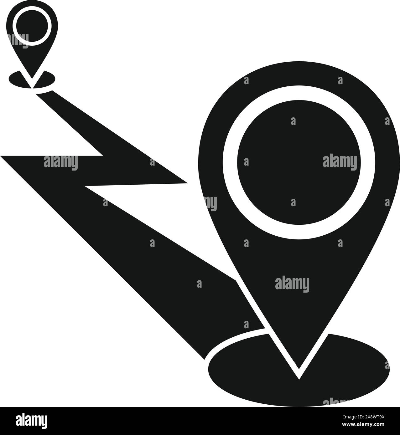 Black and white graphic showing two location pins connected by a zigzag ...