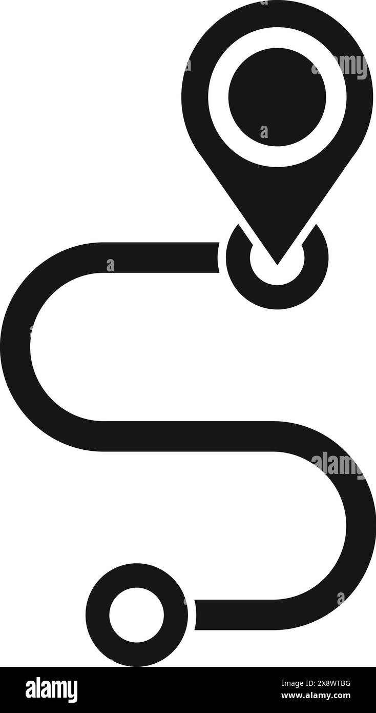 Black and white vector illustration of a winding route with a location ...