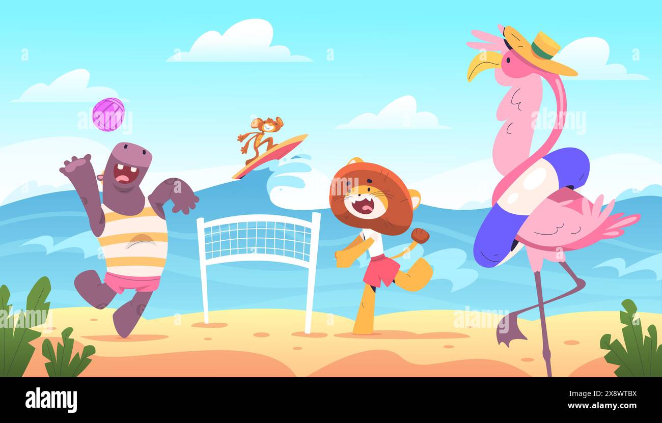 Animals summer beach scene. Cartoon funny animal characters relax in ...