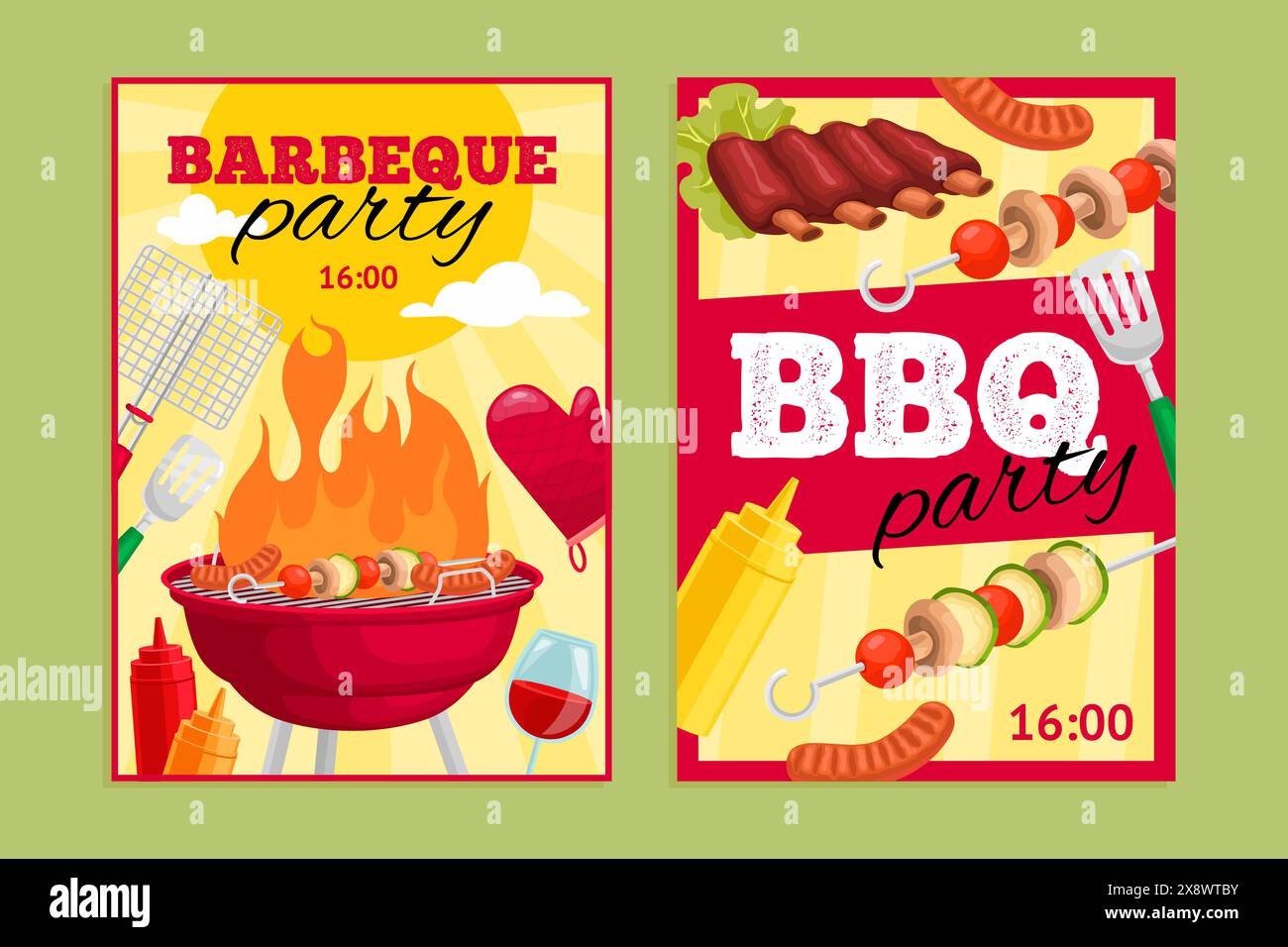 Cartoon barbecue posters. Bbq invitation poster, beach grill party ...