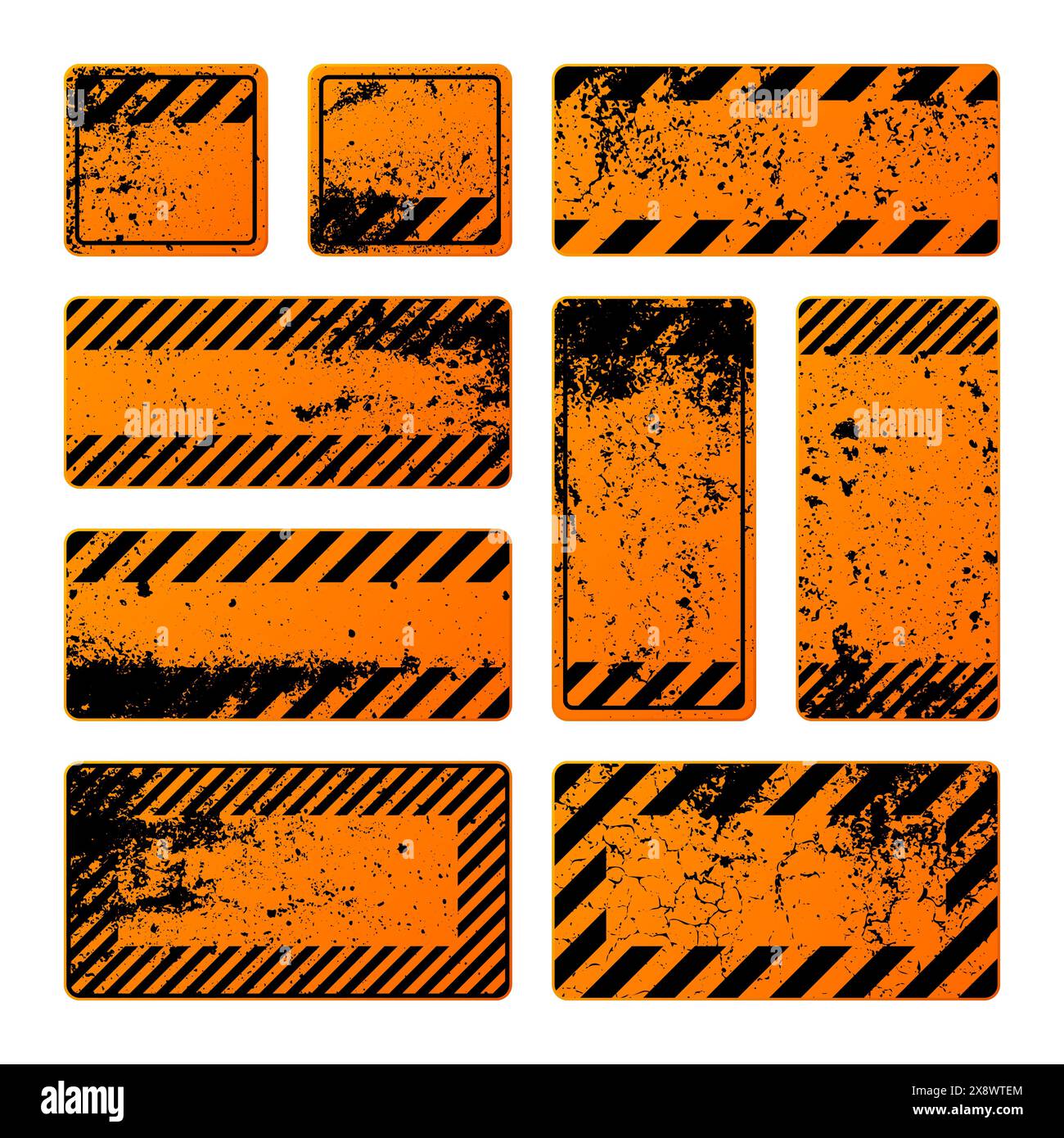 Orange grunge warning signs with diagonal lines. Old attention, danger ...