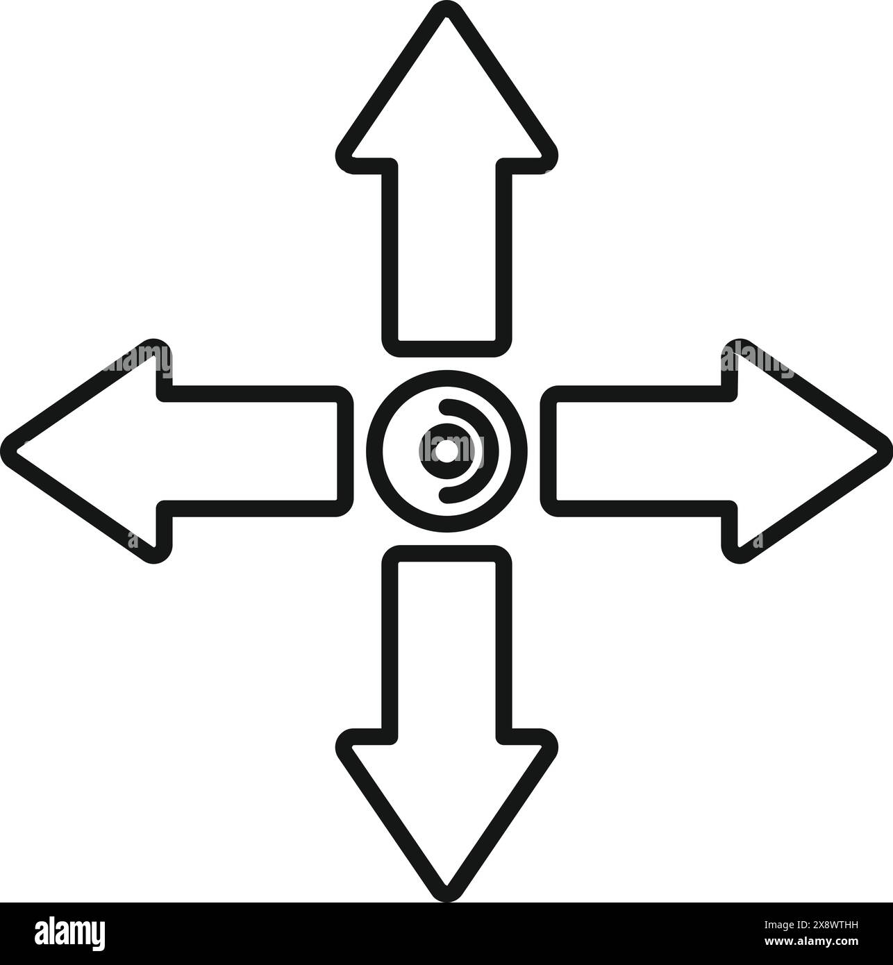 Black outline vector icon of a crossroads with arrows pointing in four different directions ...