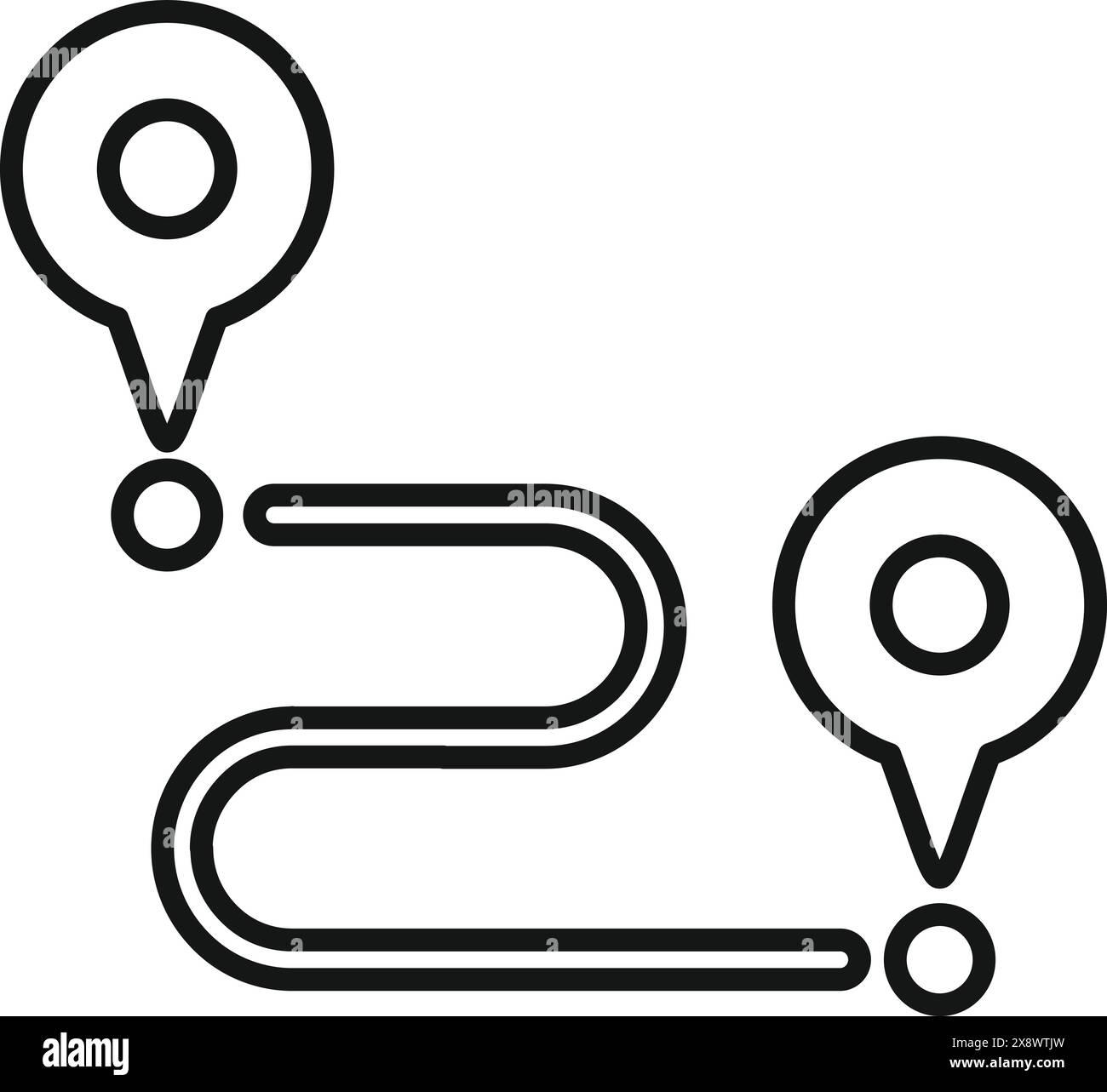 Simplistic black line icon of a winding route with two end location ...