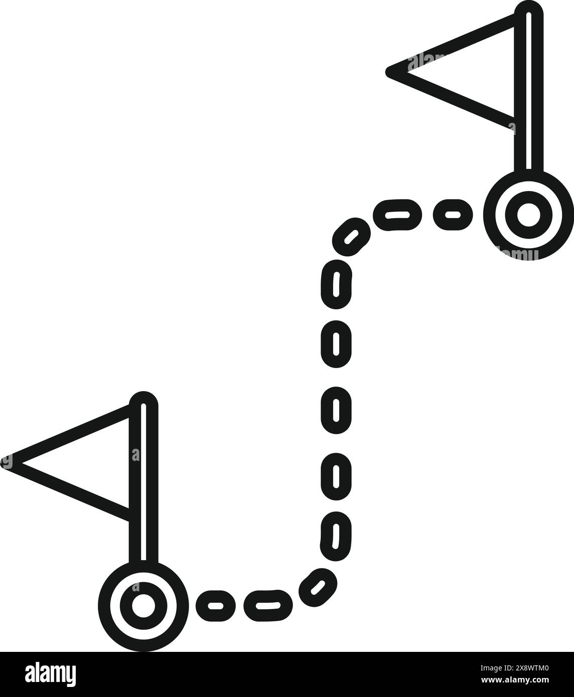 Black and white line art of a stylized map route with two flags ...