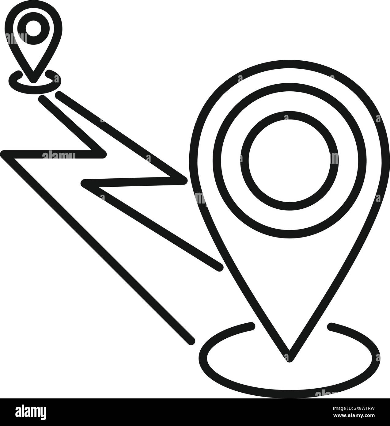 Black and white illustration of two map pins connected by a path ...