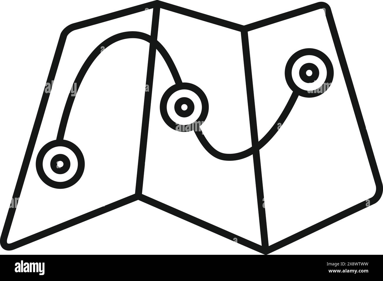 Simple line art illustration of a folded treasure map with marked ...