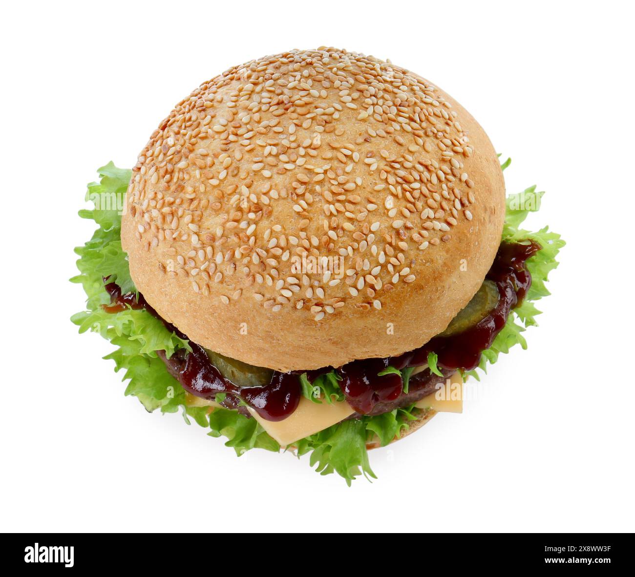 Delicious cheeseburger isolated on white, above view Stock Photo - Alamy