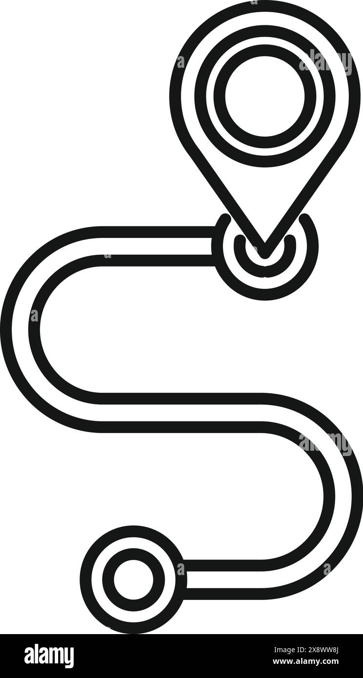 Black and white line drawing of a route path with a destination pin marker, symbolizing travel ...