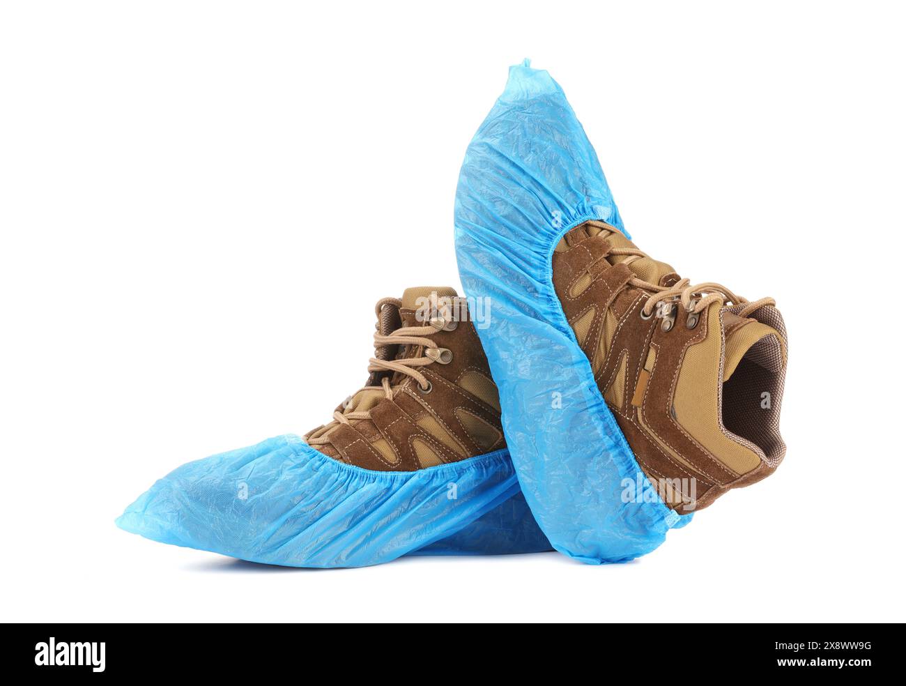 Boots in blue shoe covers isolated on white Stock Photo - Alamy